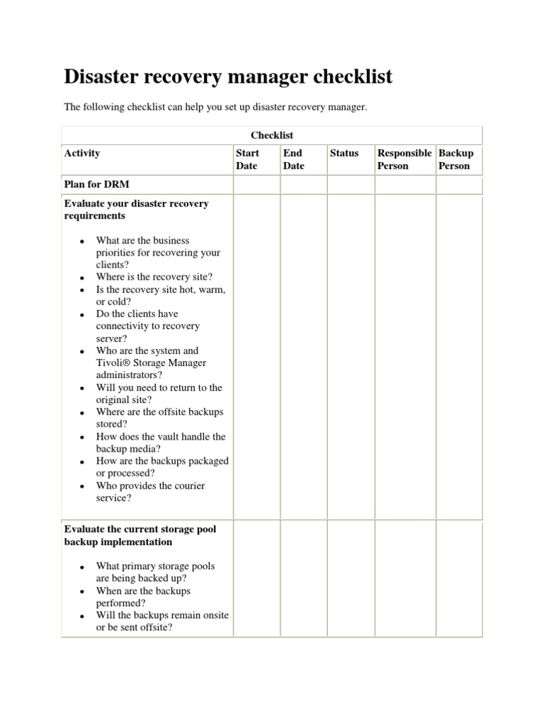 Disaster Recovery Manager Checklist | Download Free PDF | Backup ...