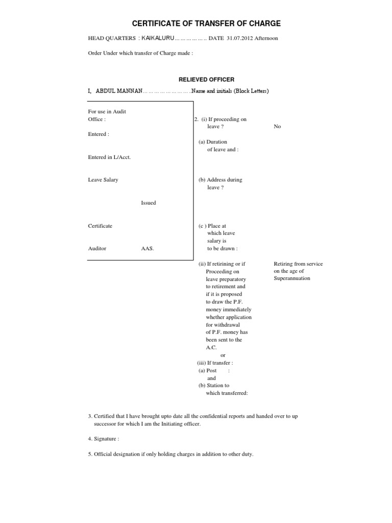Certificate of Transfer of Charge: Relieved Officer | PDF | Government ...