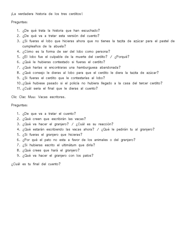¡La Verdadera Historia de Los Tres Cerditos! Preguntas | PDF