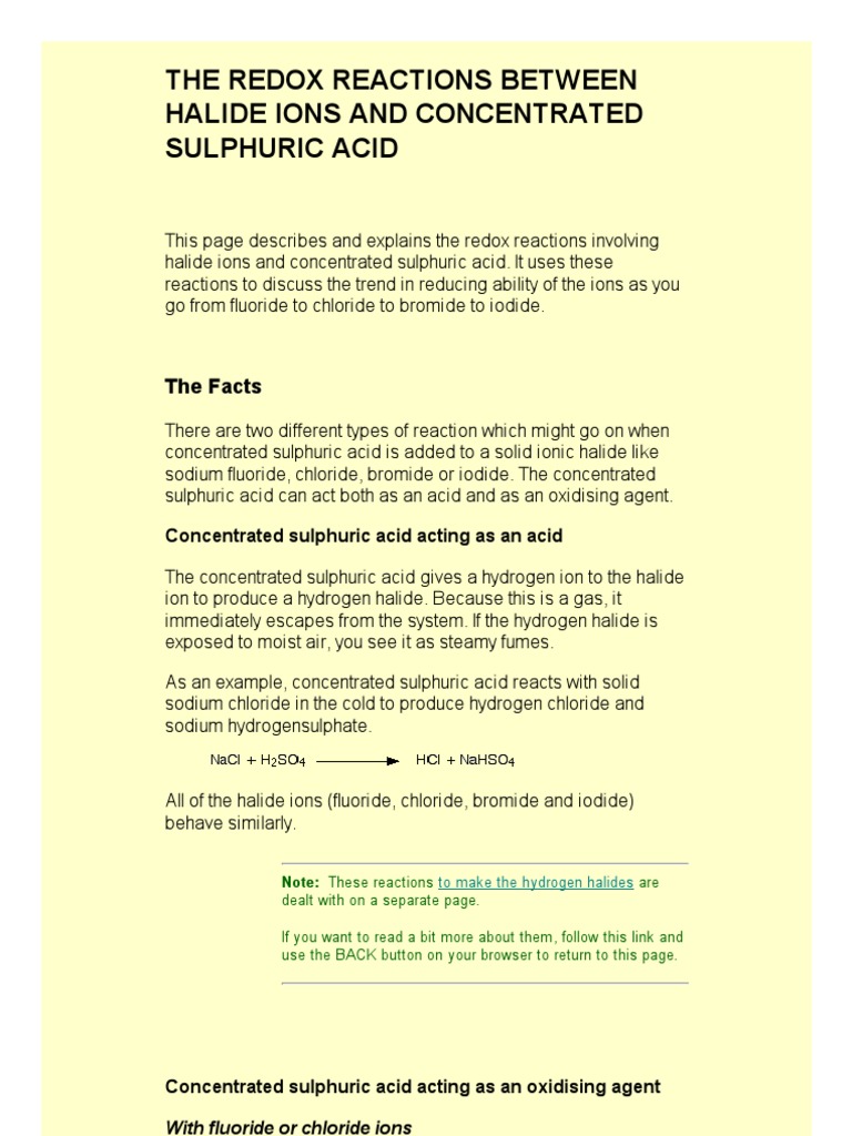 Redox Reactions Involving Halide Ions and Sulphuric Acid | PDF | Iodine ...