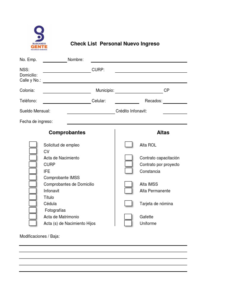 Check List Personal Nuevo Ingreso