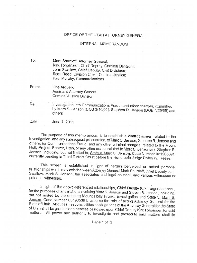 Shurtleff Swallow Recusal Letter | Prosecution | Judiciary (System Of ...