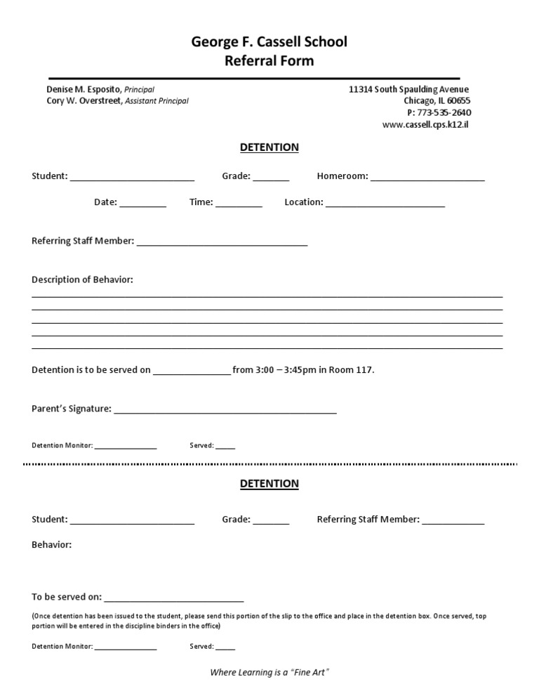 George F. Cassell School Referral Form: Detention | PDF | Schools ...