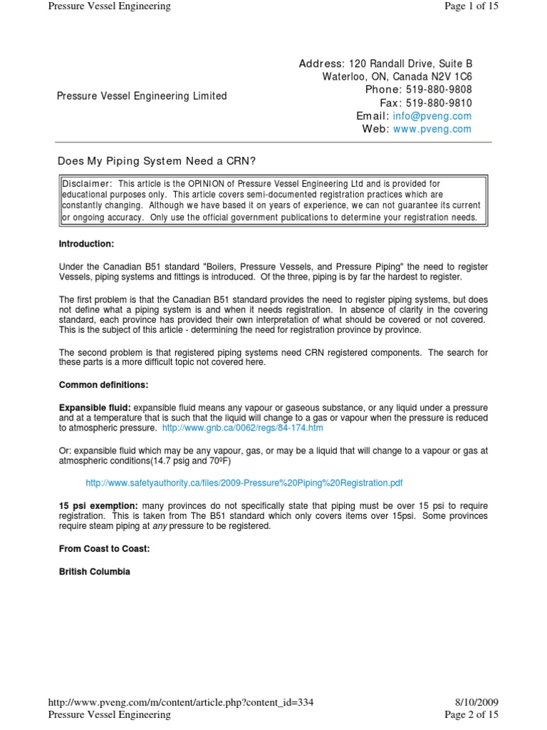 Piping - Does My Piping System Need A CRN - PVE - 2009 | PDF | Gases ...