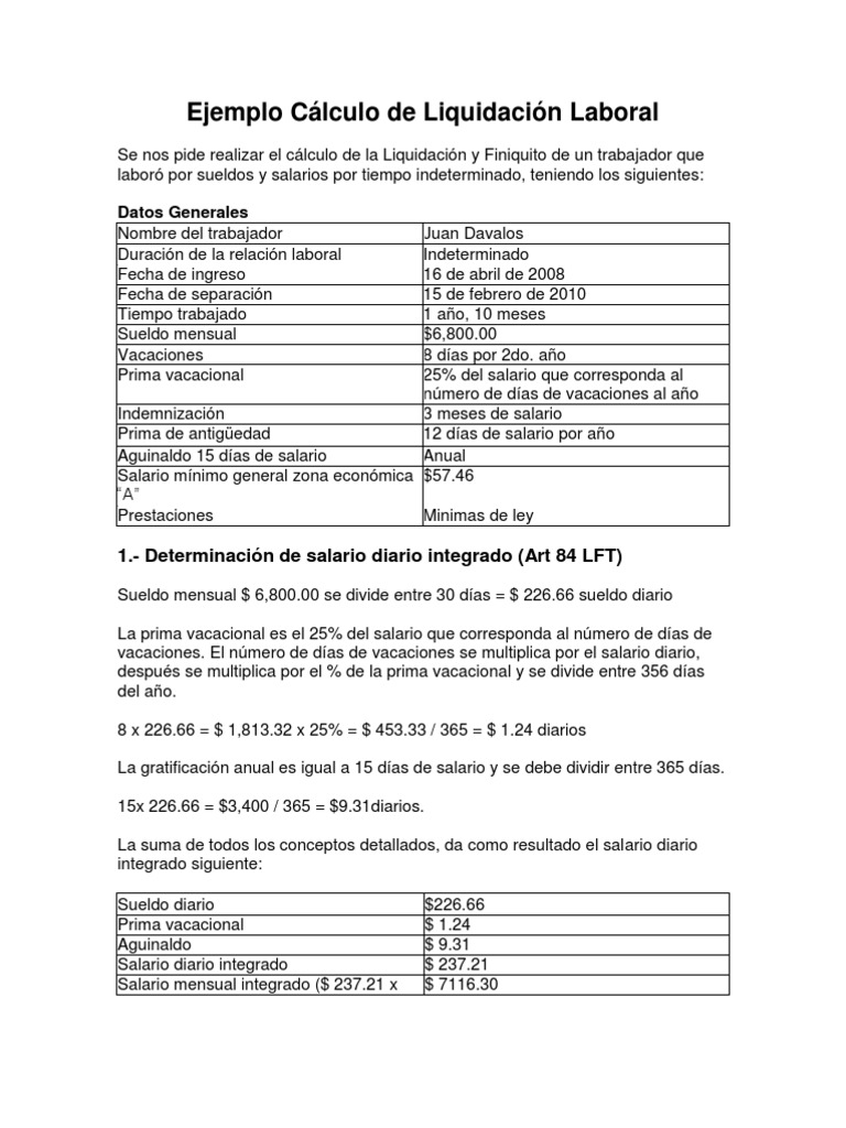 Ejemplo Calculo Finiquito | PDF | Salario mínimo | Salario Ejemplo Calculo Finiquito | PDF | Salario mínimo | Salario