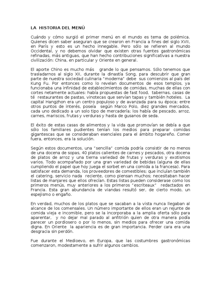 La Historia Del Menú | PDF | Francia | Alimentos