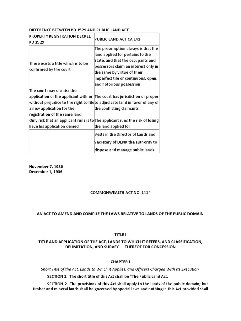 Comparison of PD 1529 and the Public Land Act Regarding the ...