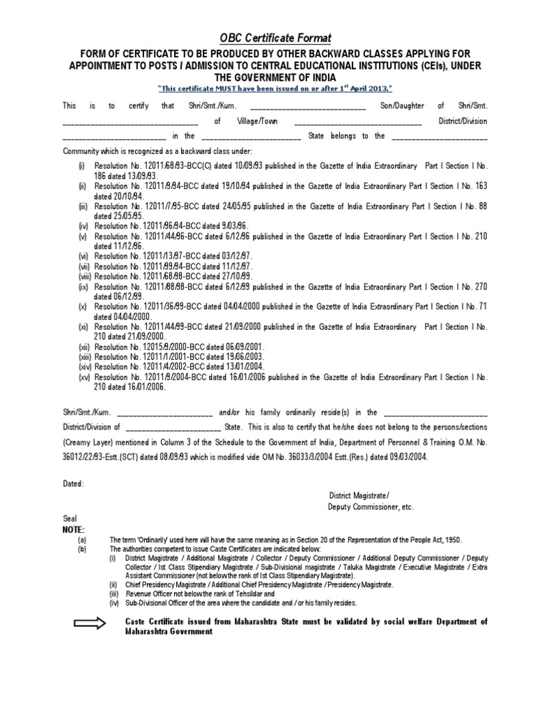 OBC Format | PDF | Government | Government Of India