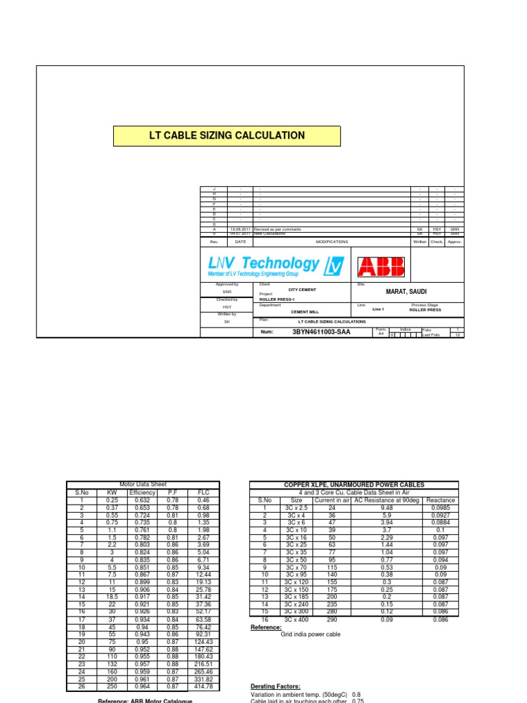 LT Cable Sizing Calculations Guide | PDF | Force | Electric Power