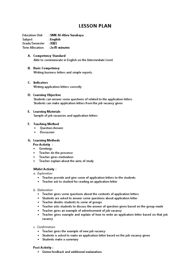 English Application Letter Lesson Plan | PDF | Teaching Method | Lesson ...