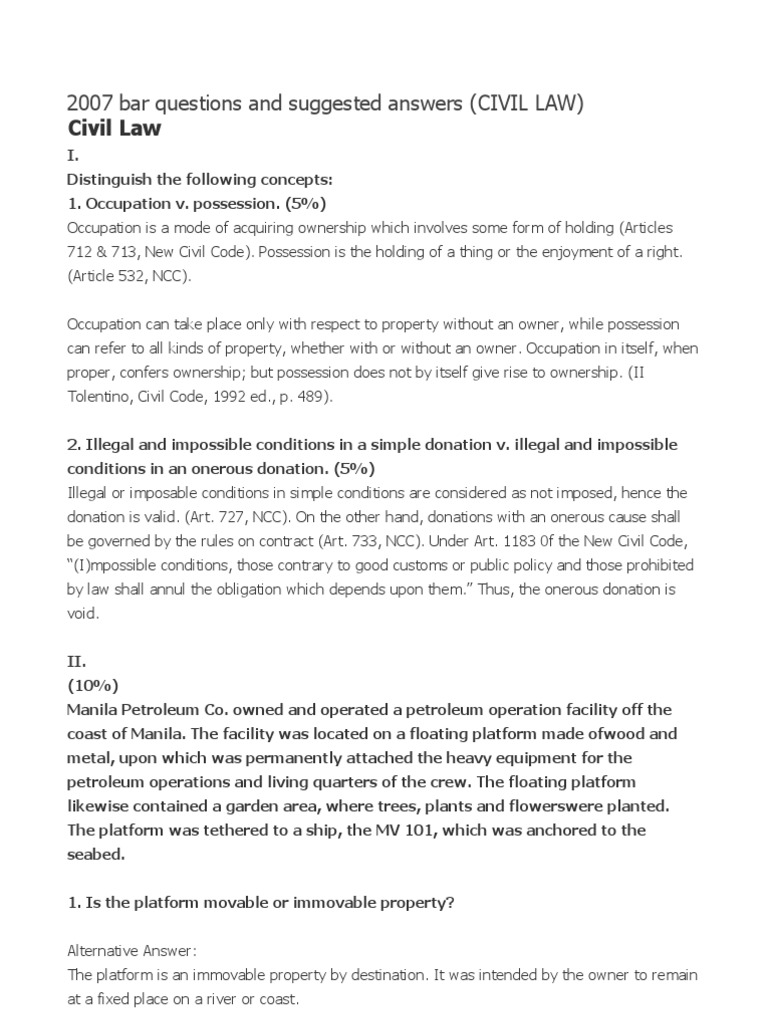 2007 Ciivil Law Bar Questions | PDF | Marriage | Annulment