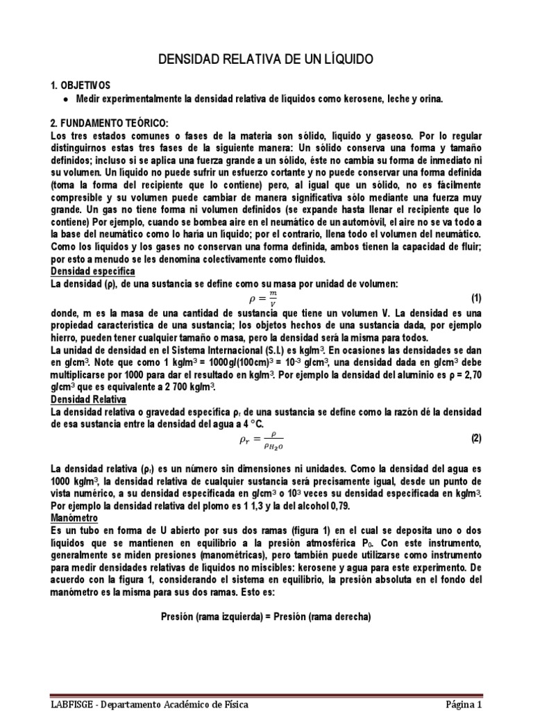 Densidad Relativa de Líquidos | PDF | Densidad | Volumen
