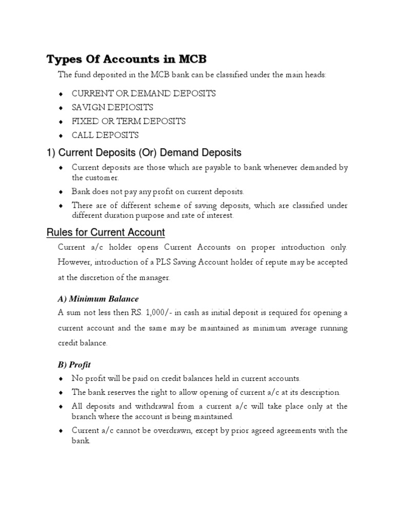 Types of Accounts in MCB | Download Free PDF | Deposit Account ...