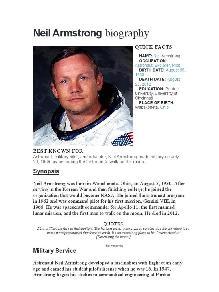 Neil Armstrong Biography | PDF | Neil Armstrong | Project Gemini