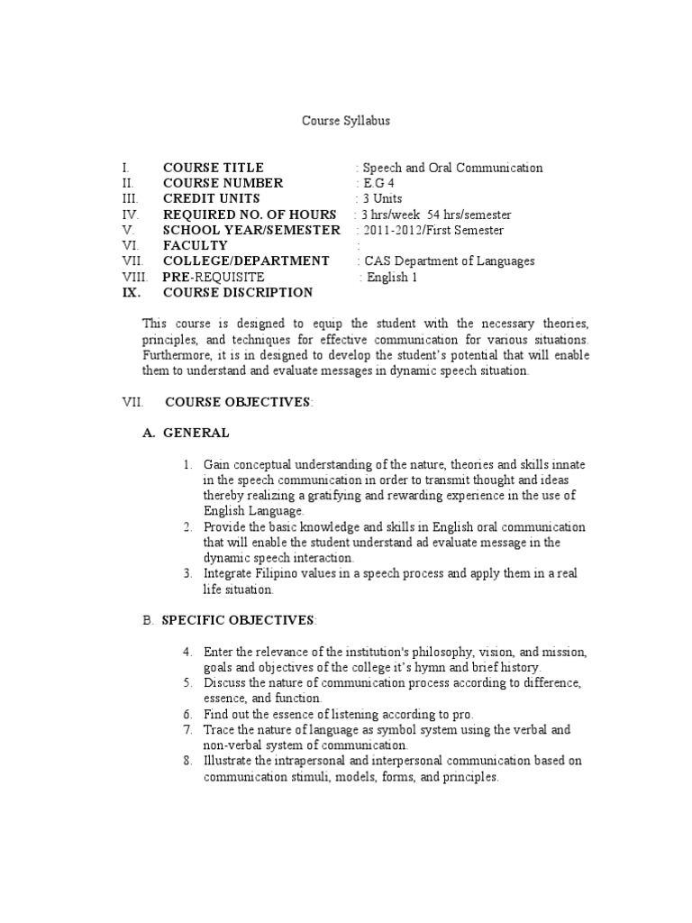 Speech and Oral Communication Syllabus | PDF | Public Speaking ...