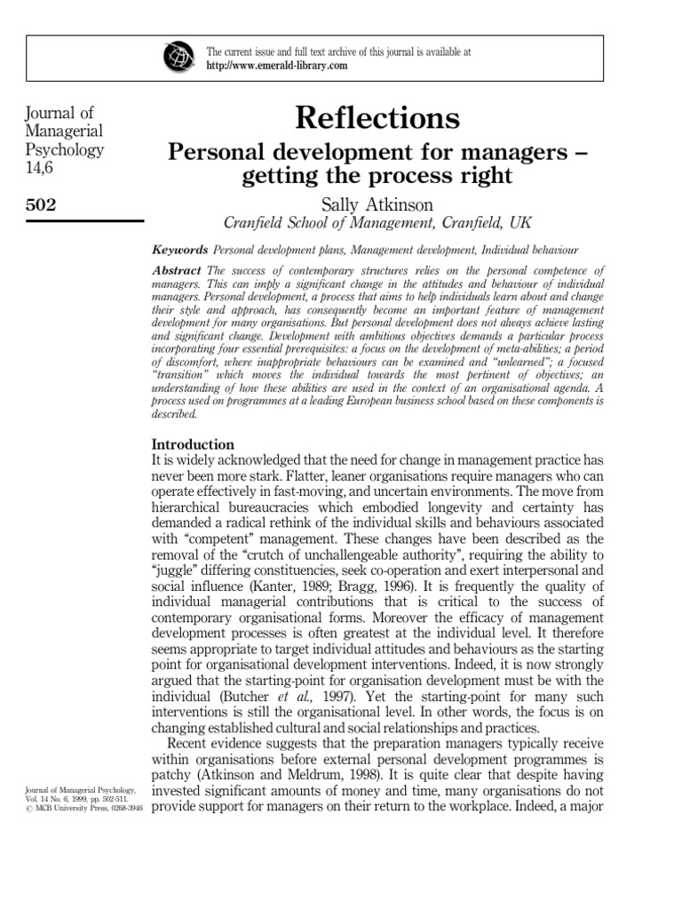 Reflection Personal Development For Managers (Atkinson) | Download Free ...