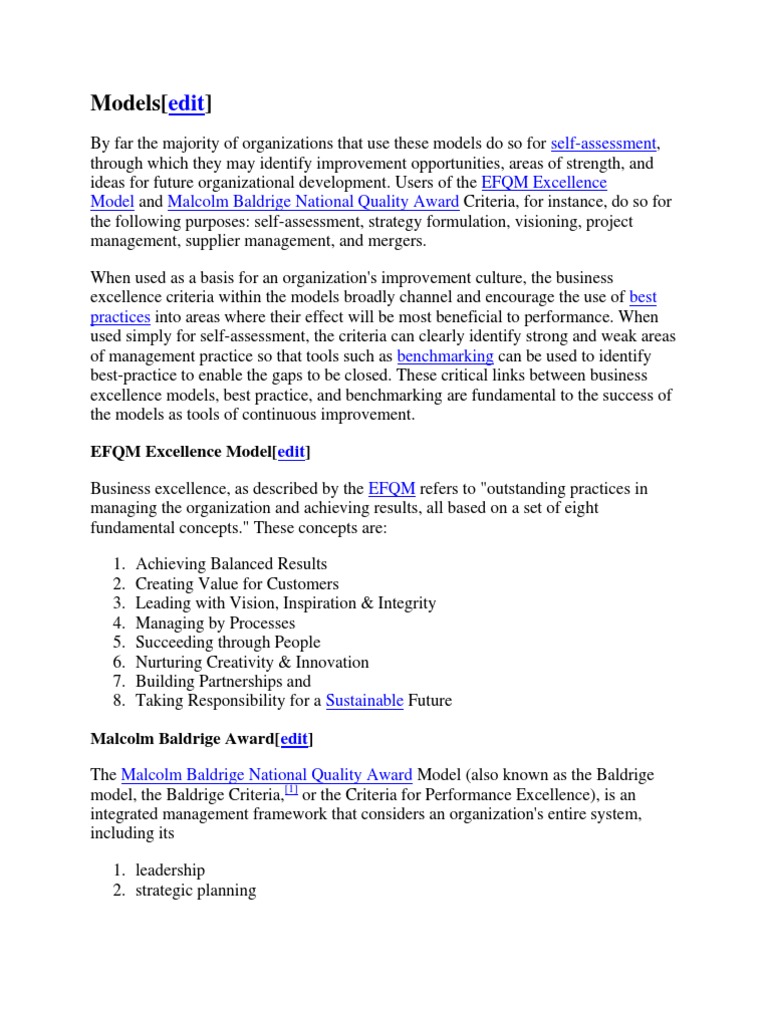 Models : Self-Assessment EFQM Excellence Model Malcolm Baldrige ...