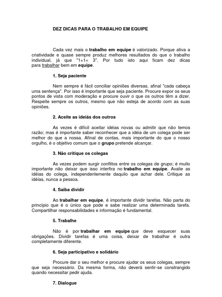 Dez Dicas para o Trabalho em Equipe | PDF | Aprendizado | Psicologia
