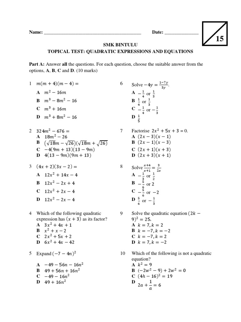 Topical Test-Quadratic Expressions and Equations | PDF | Teaching ...