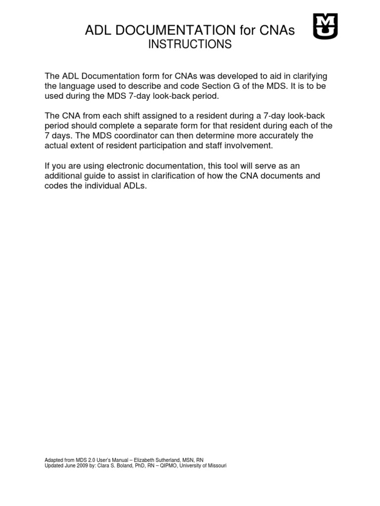 Adl Documentation For Cnas: Instructions | Download Free PDF | Health Care