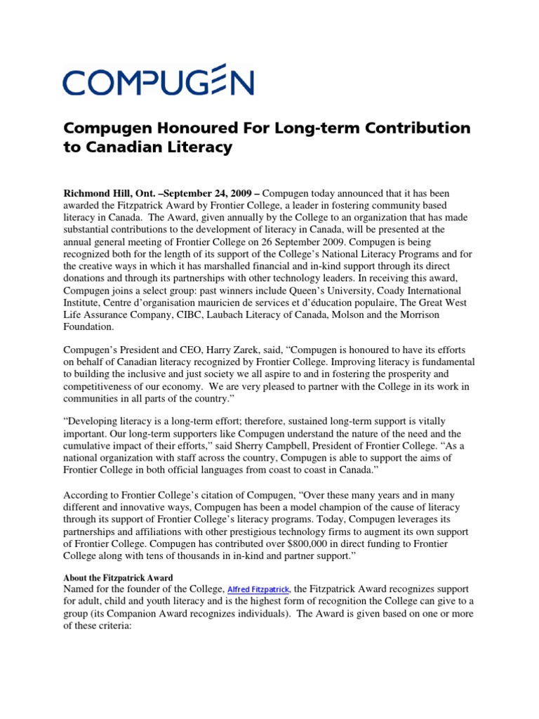 Fitzpatrick Award For Literacy Support | PDF | Literacy | Business