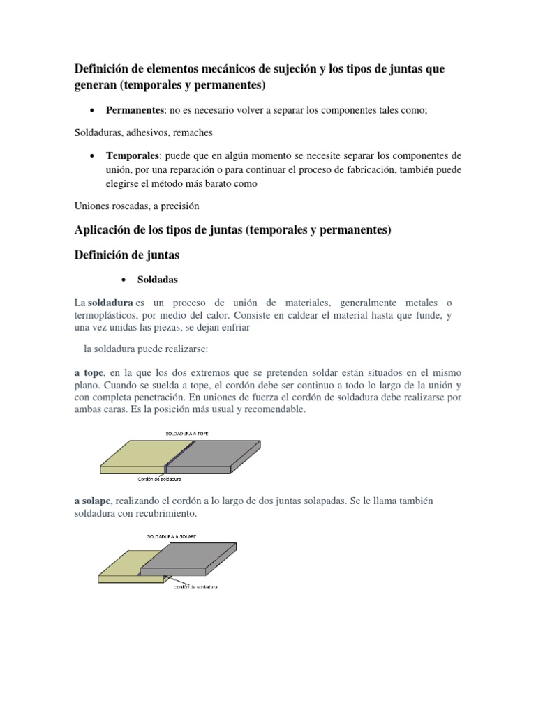 Definición de Elementos Mecánicos de Sujeción y Los Tipos de Juntas Que ...