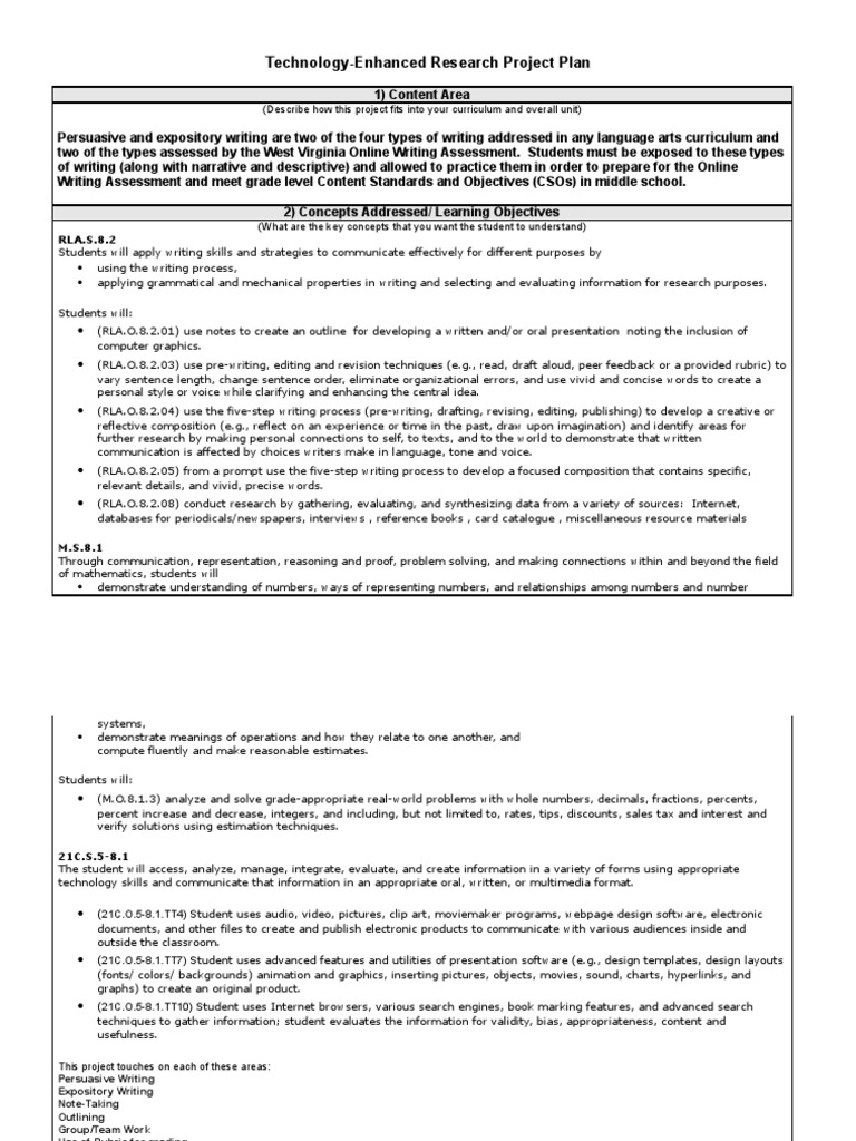 Technology-Enhanced Research Project Plan: RLA.S.8.2 | PDF | Rubric ...