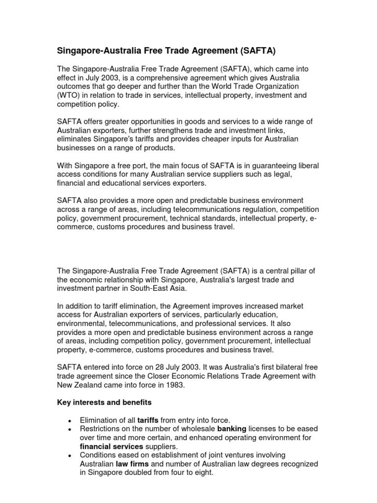Singapore-Australia Free Trade Agreement (SAFTA) : Key Interests and ...