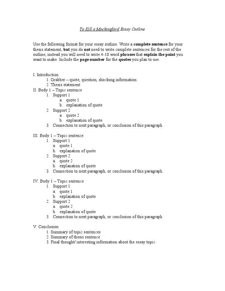 To Kill A Mockingbird Essay Outline | PDF | Essays | Paragraph