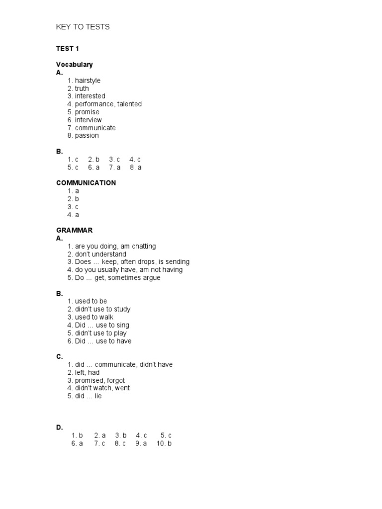 Key To Tests: Test 1 Vocabulary A | PDF | Leisure