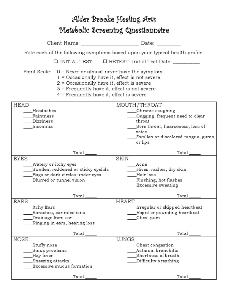 Metabolic Screening Questionnaire | PDF | Symptom | Ear