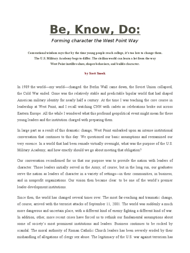BE, KNOW, DO - Forming Character The West Point Way - Scott Snook | PDF ...