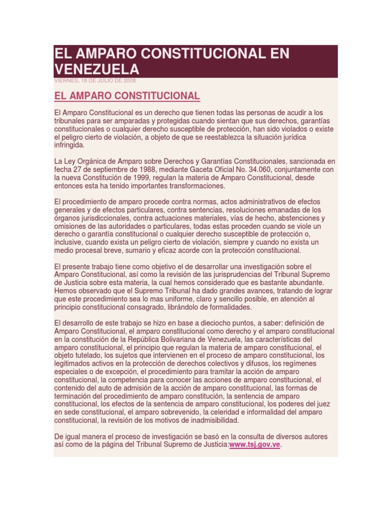 Amparo Constitucional en Venezuela: Guía Completa | PDF | Ley procesal ...