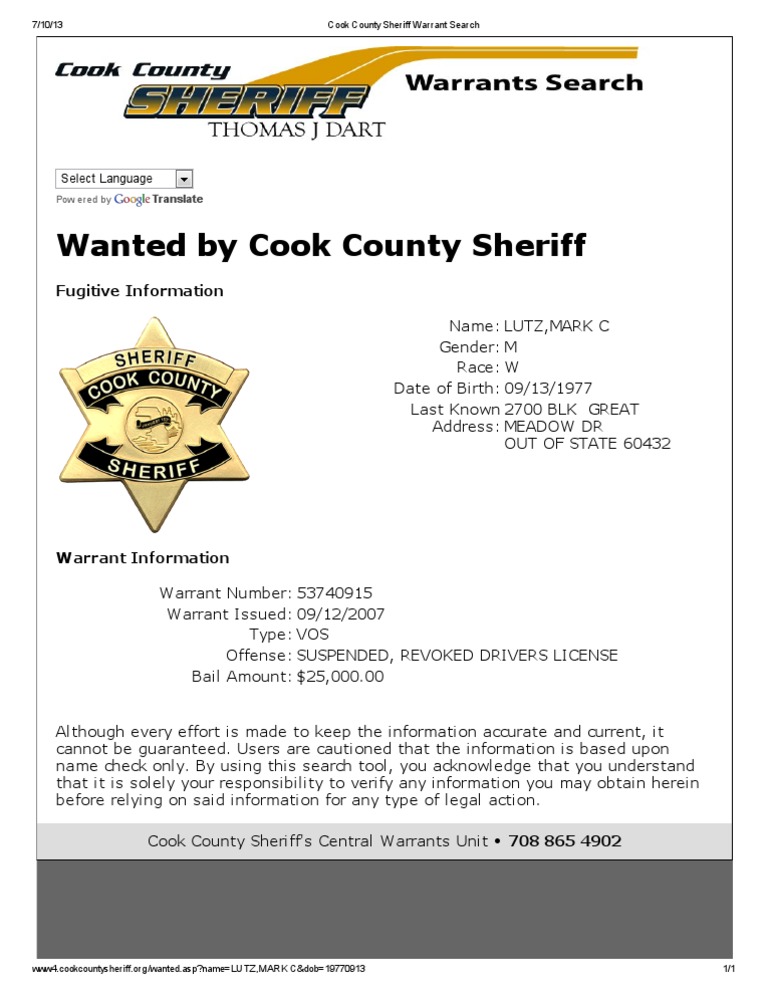 Cook County Warrant Search: Mark C. Lutz | PDF