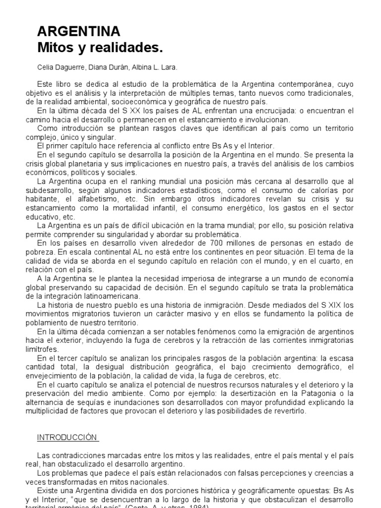 Argentina Mitos Y Realidades Pdf Argentina Migración Humana