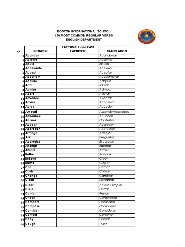 150 Most Common Regular Verbs | PDF | Leisure | Entertainment (General)