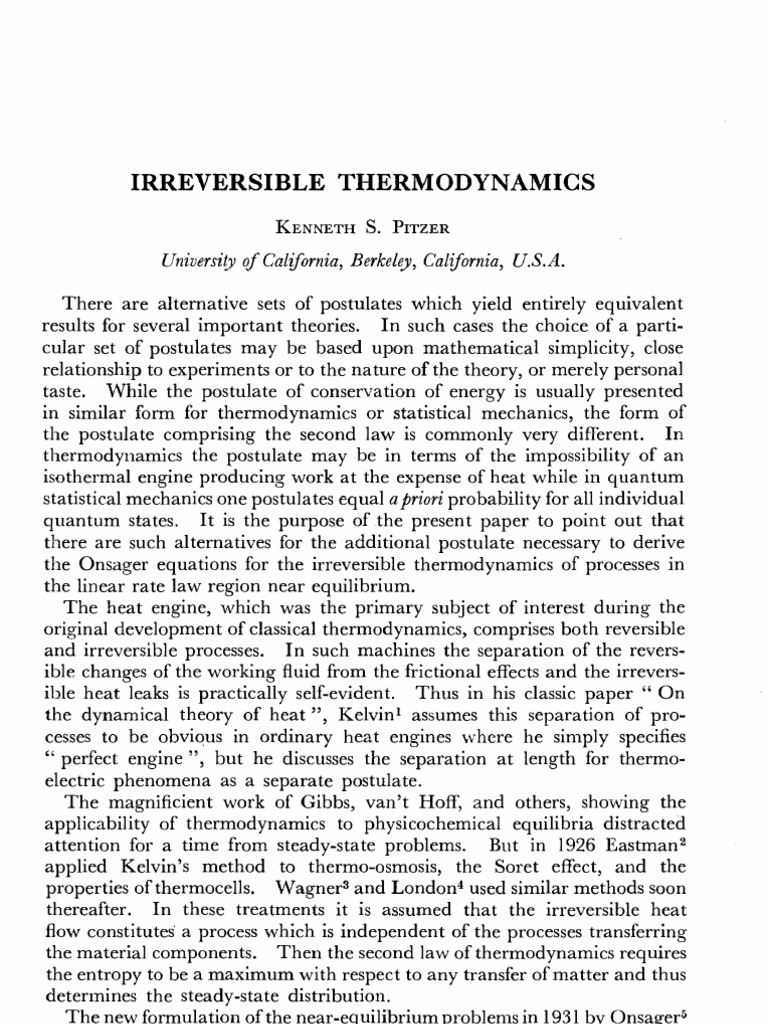Irreversible Thermodynamics Kenneth Pitzer | PDF | Heat | Thermodynamics