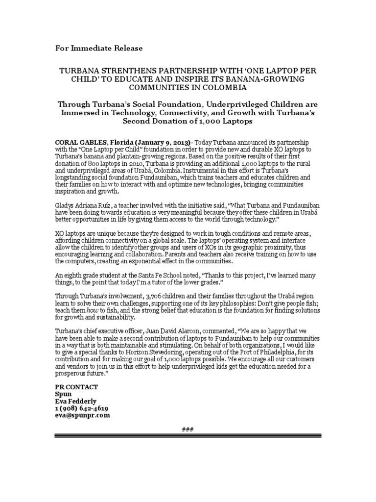 Turbana Strengthens Partnership With OLPC | PDF | Teaching And Learning ... Turbana Strengthens Partnership With OLPC | PDF | Teaching And Learning ...