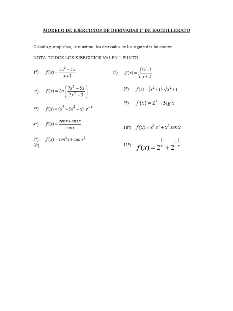 Modelo de Ejercicios de Derivadas 1º de Bachillerato | PDF