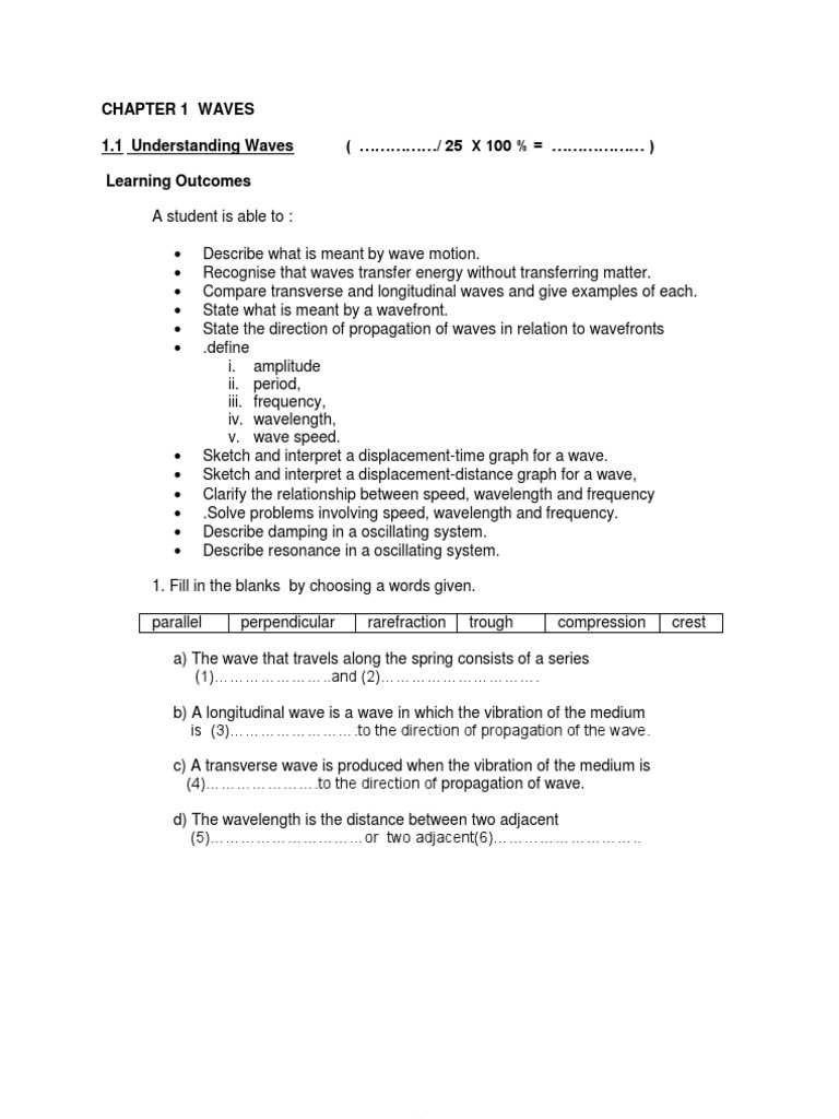 Chapter 1 Waves 1.1 Understanding Waves ( / 25 X 100 % ) Learning ...