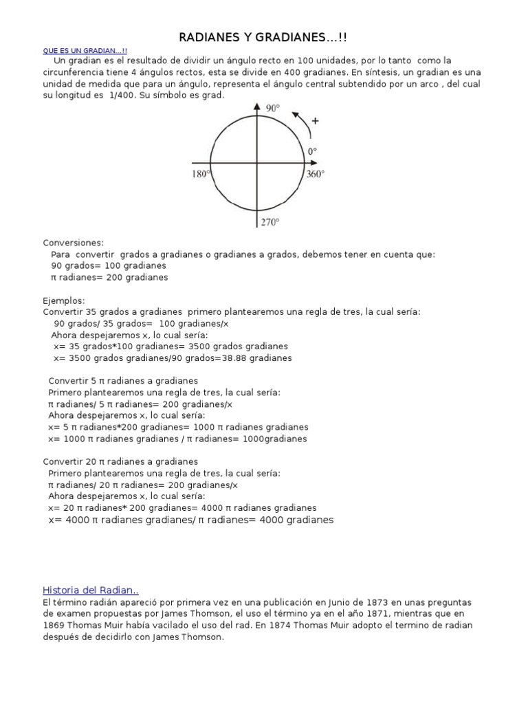 Radianes y Gradianes: Definiciones y Conversiones | PDF | Pi | Energía ...