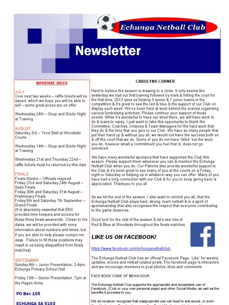 Echunga Netball Newsletter | PDF | Facebook | Sports Rules And Regulations