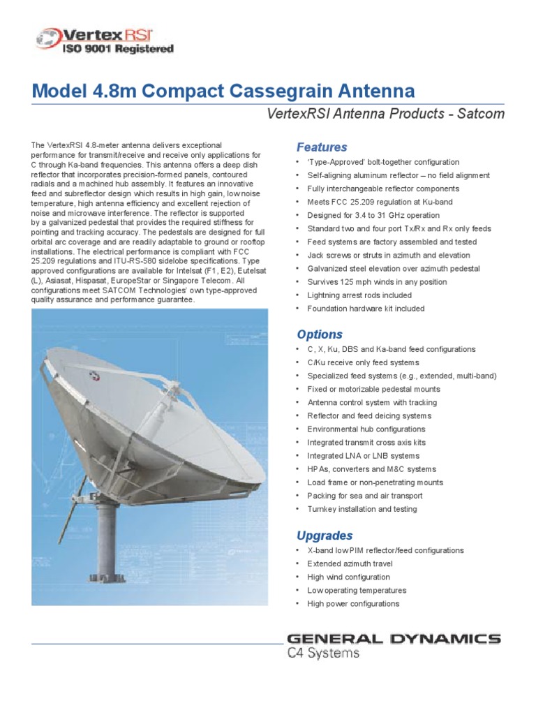 Datasheet Vertex Antenna 4.8m Cassegrain Ku Band | PDF | Antenna (Radio ...
