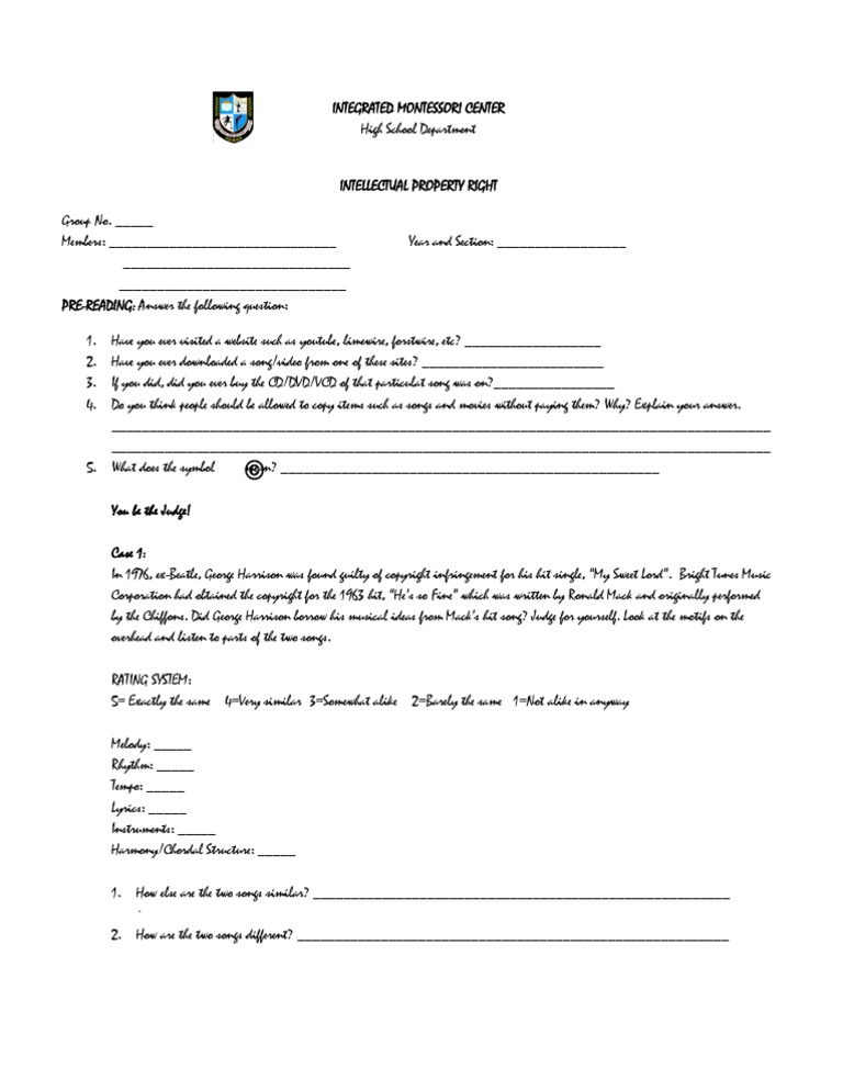 Worksheet Copyright Infringement Law | PDF