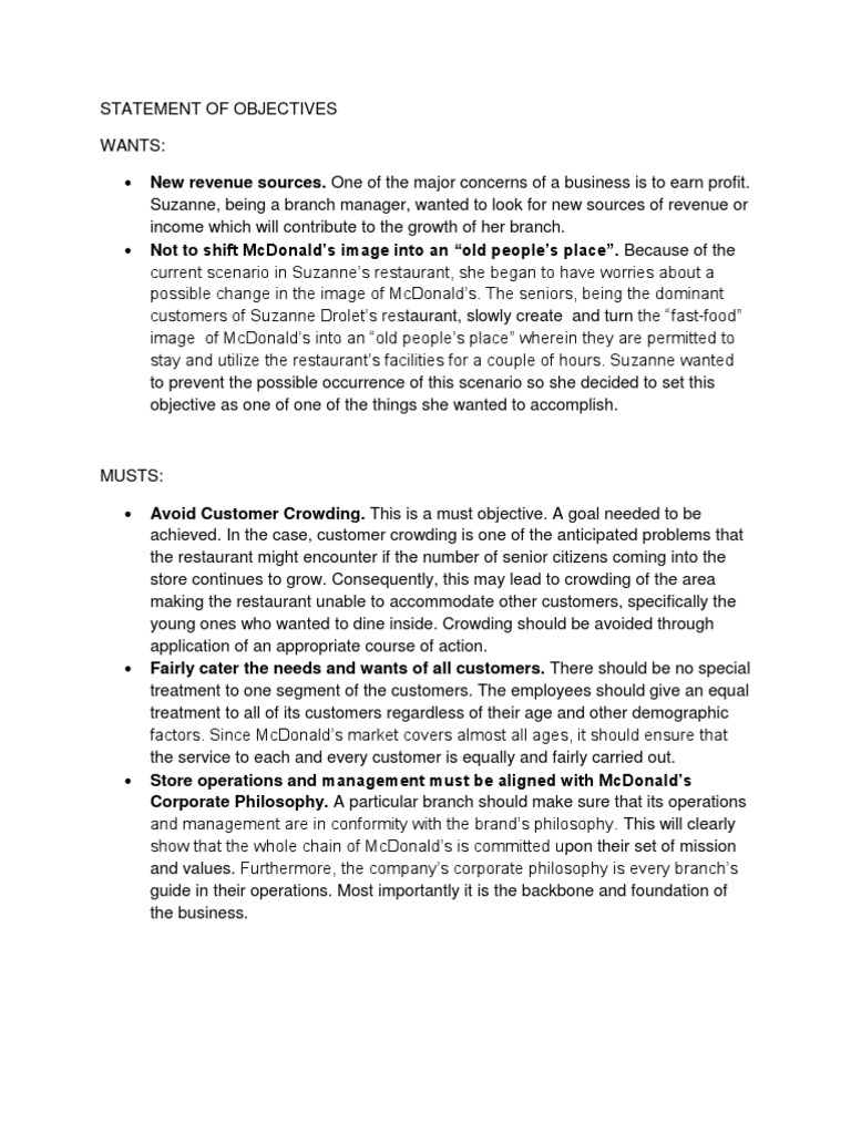 Statement of Objectives | PDF | Mc Donald's | Restaurants
