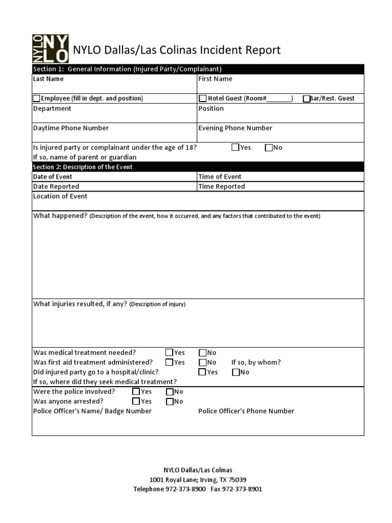 Incident Report from the NYLO Dallas/Las Colinas Hotel Detailing an ...