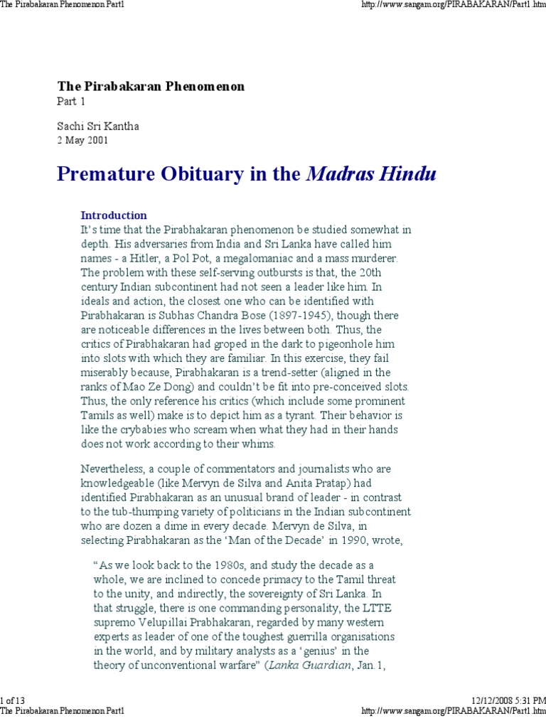 The Pirabakaran Phenomenon 1 | PDF | Tamils | Sri Lanka