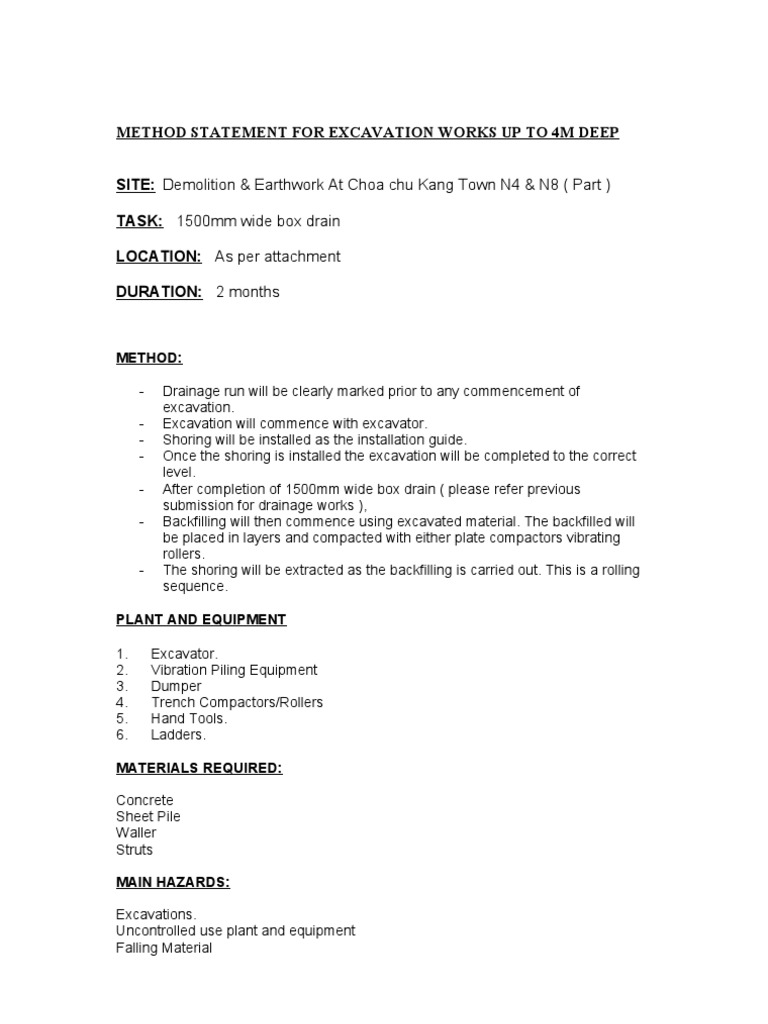 Method of Statement-Drain & Shoring | Excavation (Archaeology) | Industries
