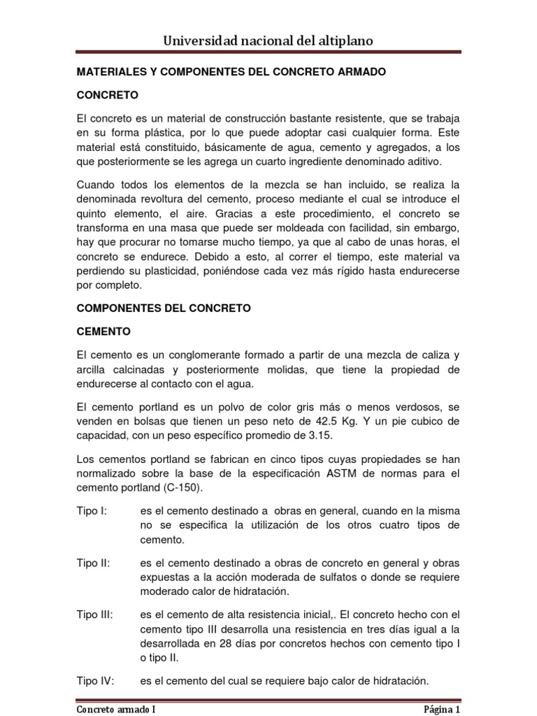 Materiales y Componentes Del Concreto Armado | PDF | Cemento | Hormigón