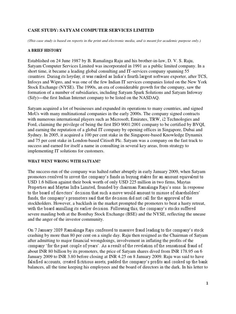Aim Case Study 01 Satyam | PDF | Pricewaterhouse Coopers | Board Of Directors